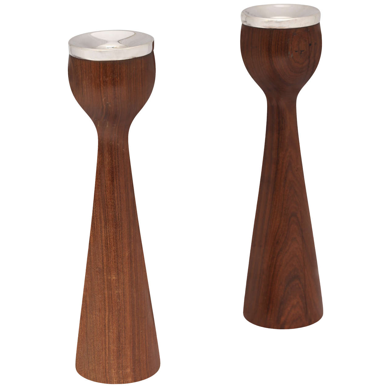 Mid-Century Modern Sterling Silver-Mounted Walnut Candlesticks at 1stDibs
