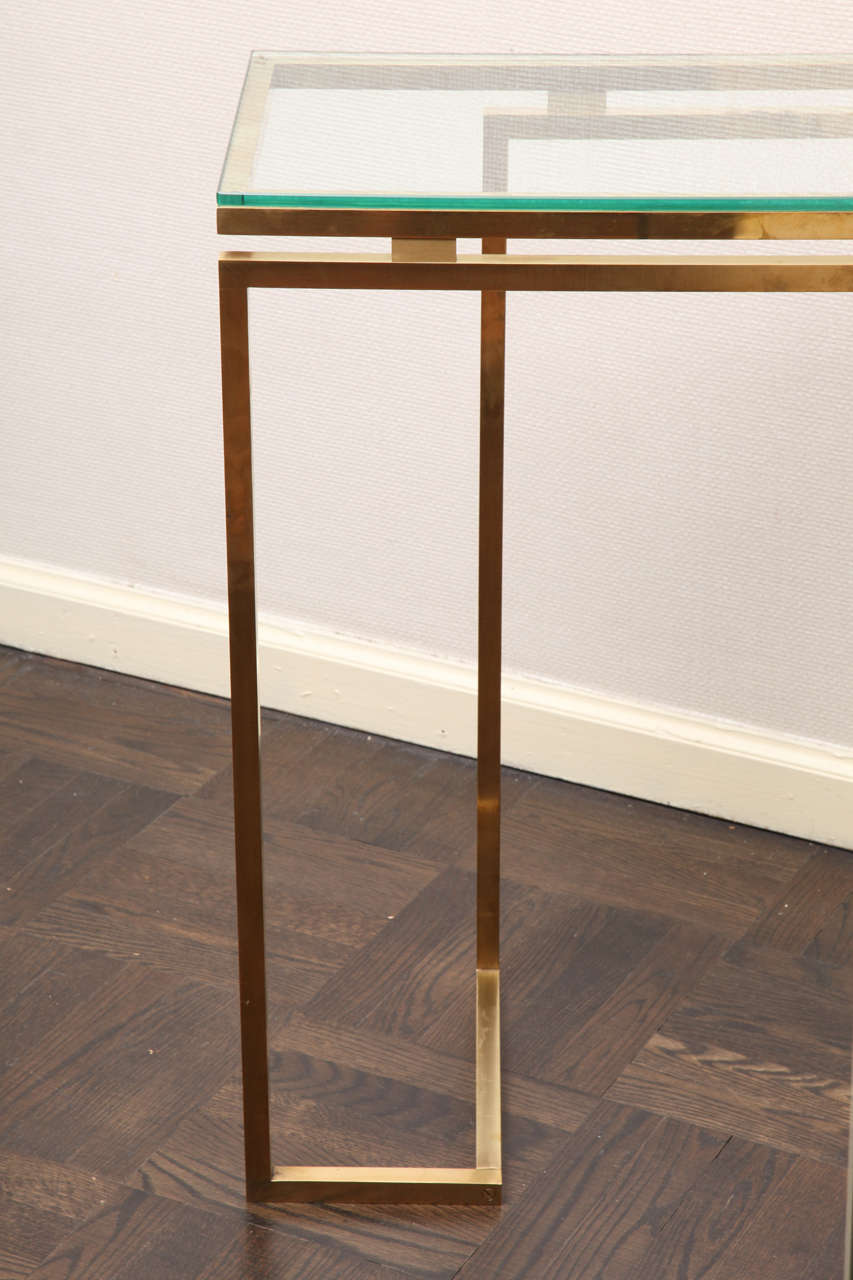 A Geometric Brass and Glass Topped Console Table, France c. 1970 at 1stDibs