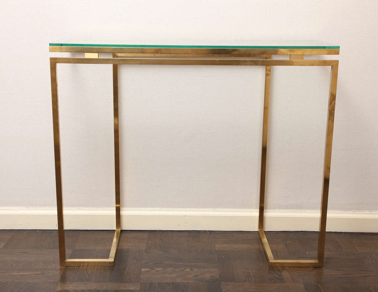 A Geometric Brass and Glass Topped Console Table, France c. 1970 at 1stDibs