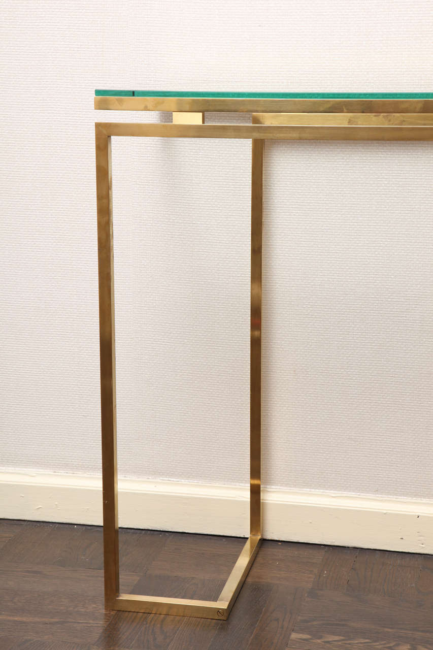 A Geometric Brass and Glass Topped Console Table, France c. 1970 at 1stDibs