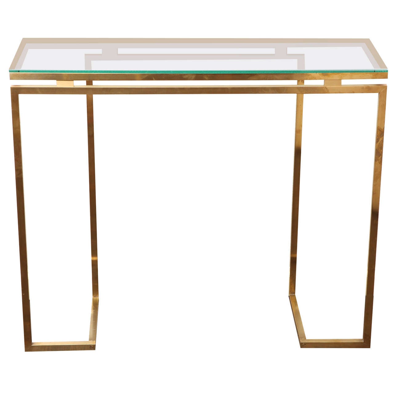 A Geometric Brass and Glass Topped Console Table, France c. 1970 at 1stDibs