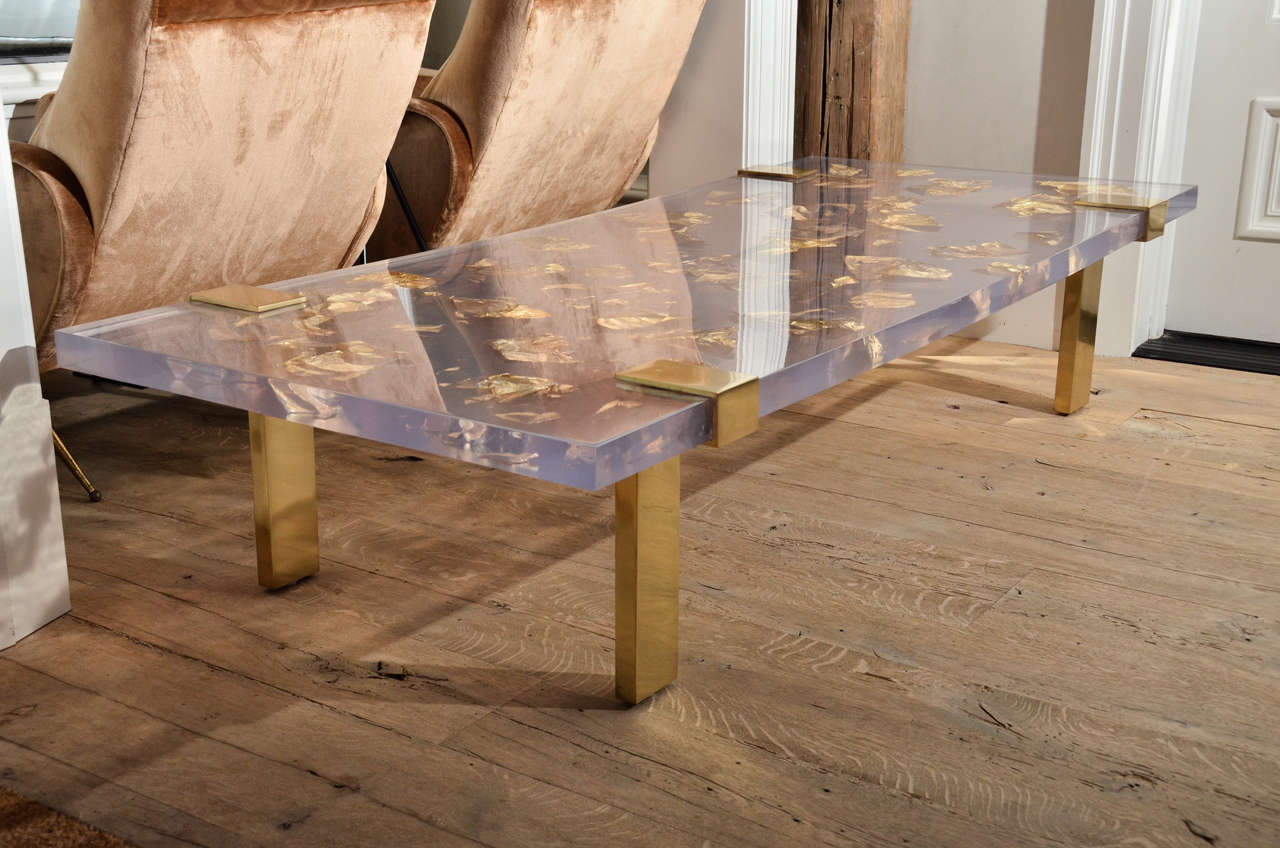 Contemporary Gold Leaf Inlay Coffee Table with Brass Frame at 1stDibs ...