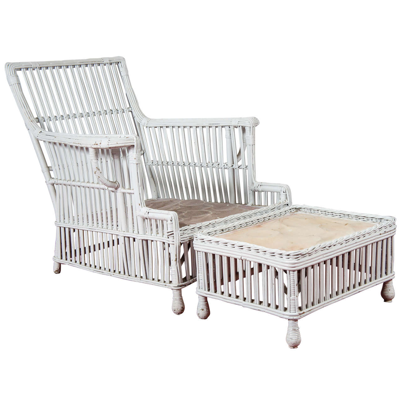 Stick Wicker Rattan Arm Chair and Matching Stool at 1stDibs