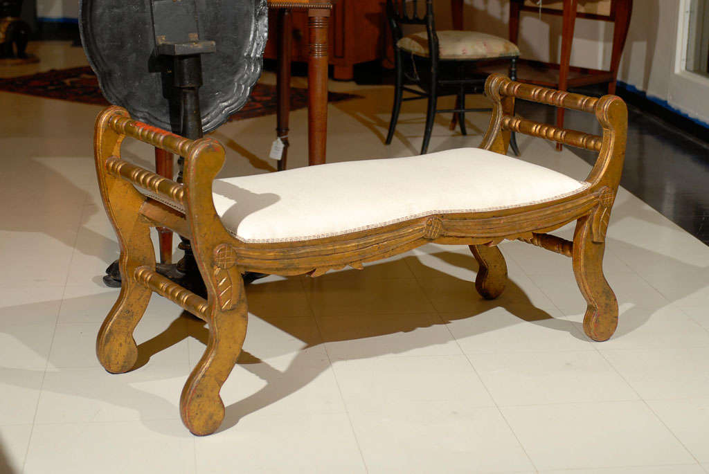 Unusual Gilded Bench with Upturned Arms and Swag Apron at 1stDibs