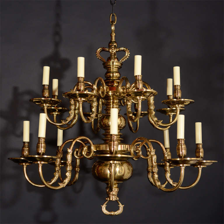 Two Tiered Sixteen Light Dutch Brass Chandelier For Sale at 1stDibs