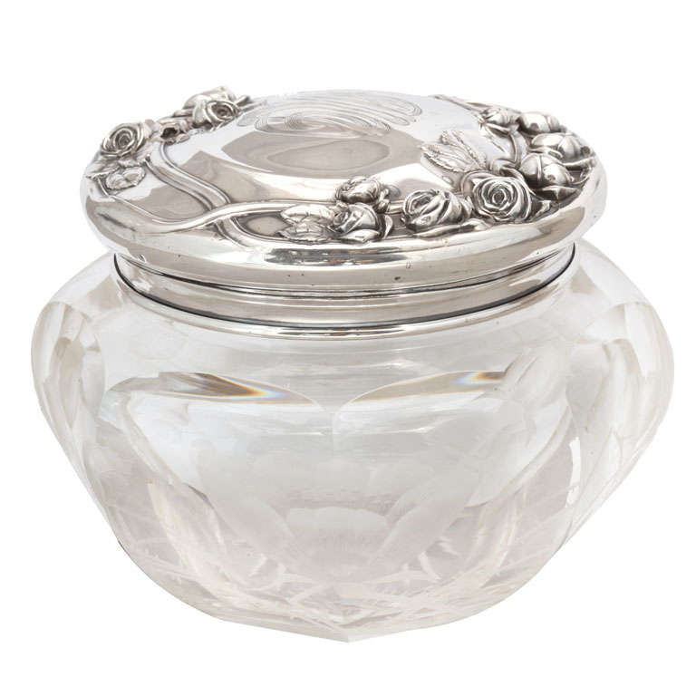 Art Nouveau Sterling Silver and Moser Etched Crystal Powder Jar at 1stDibs