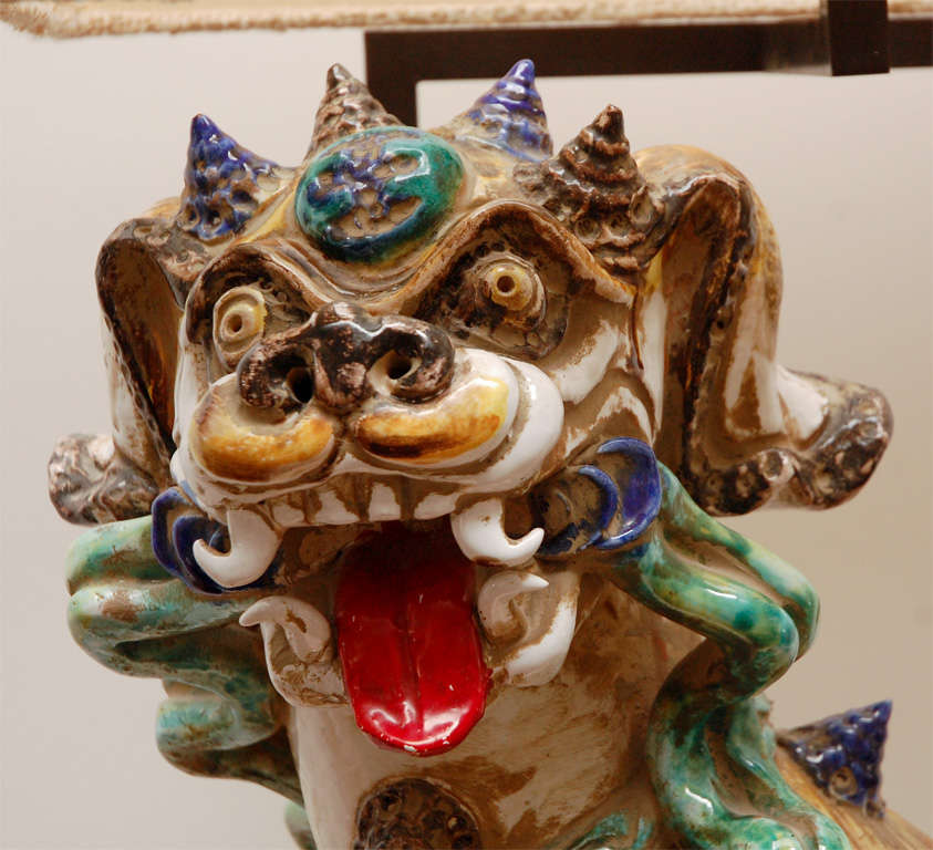 Pair of Monumental Ceramic Foo Dog Lamps with Custom Shades at 1stDibs