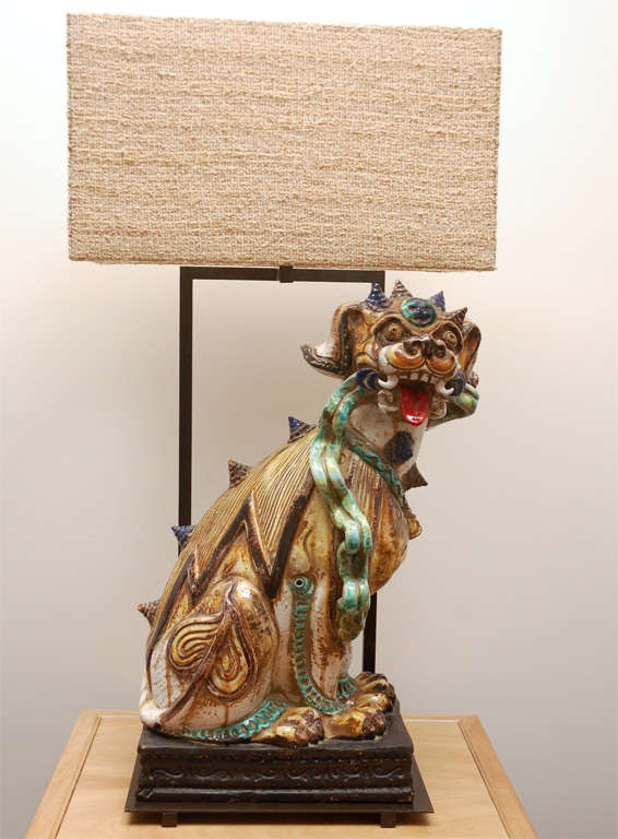 Pair of Monumental Ceramic Foo Dog Lamps with Custom Shades at 1stDibs