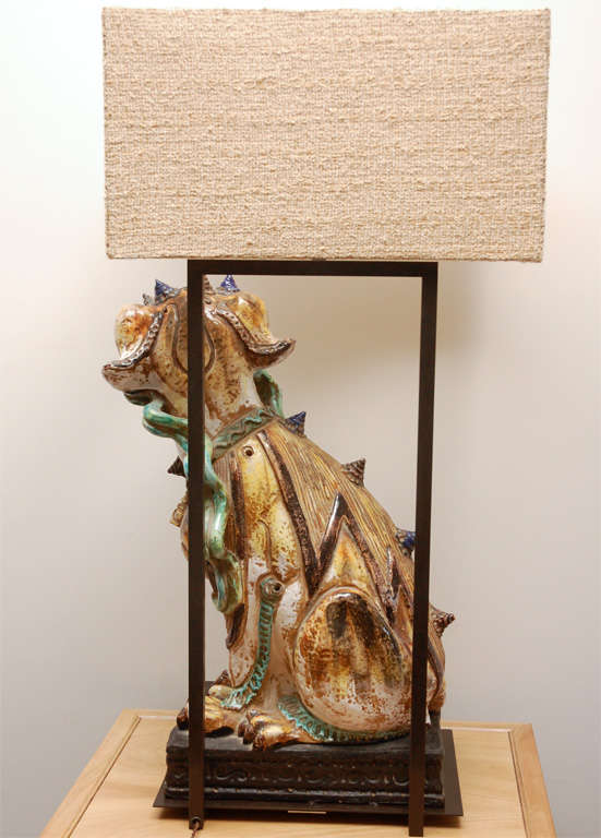 Pair of Monumental Ceramic Foo Dog Lamps with Custom Shades at 1stDibs