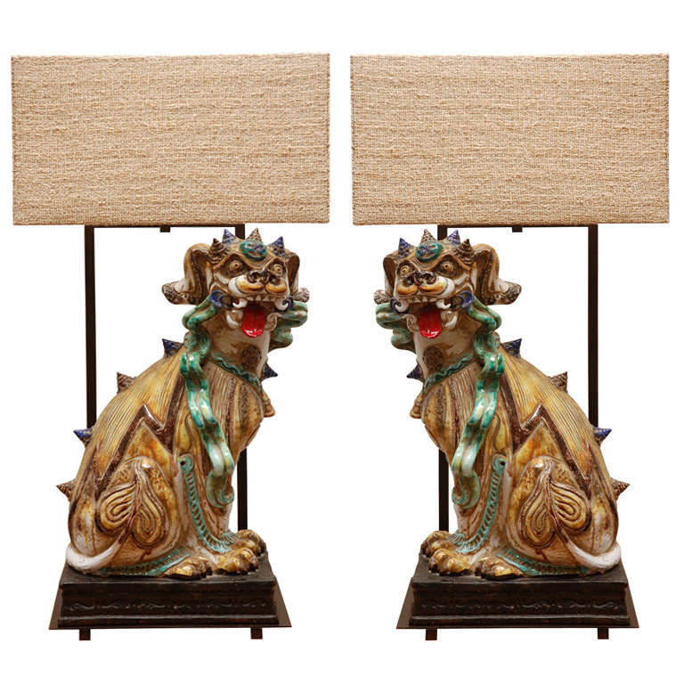 Pair of Monumental Ceramic Foo Dog Lamps with Custom Shades at 1stDibs