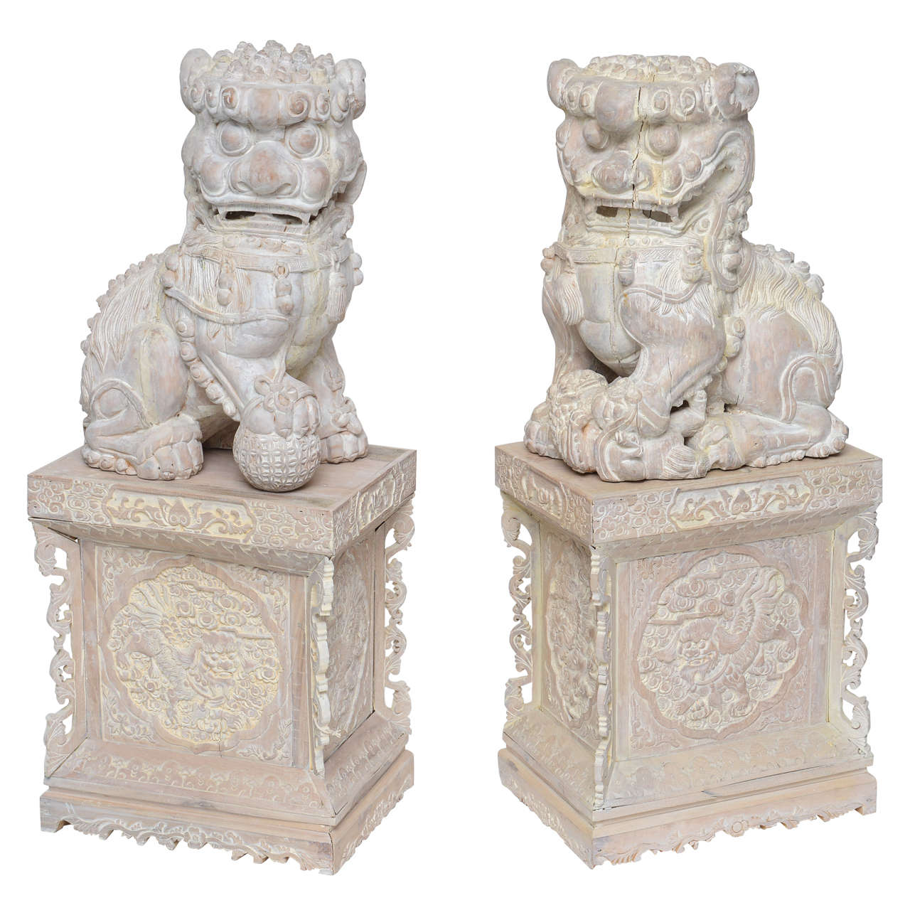 Pair of Midcentury Wood Carved Foo Dogs on Pedestal at 1stDibs