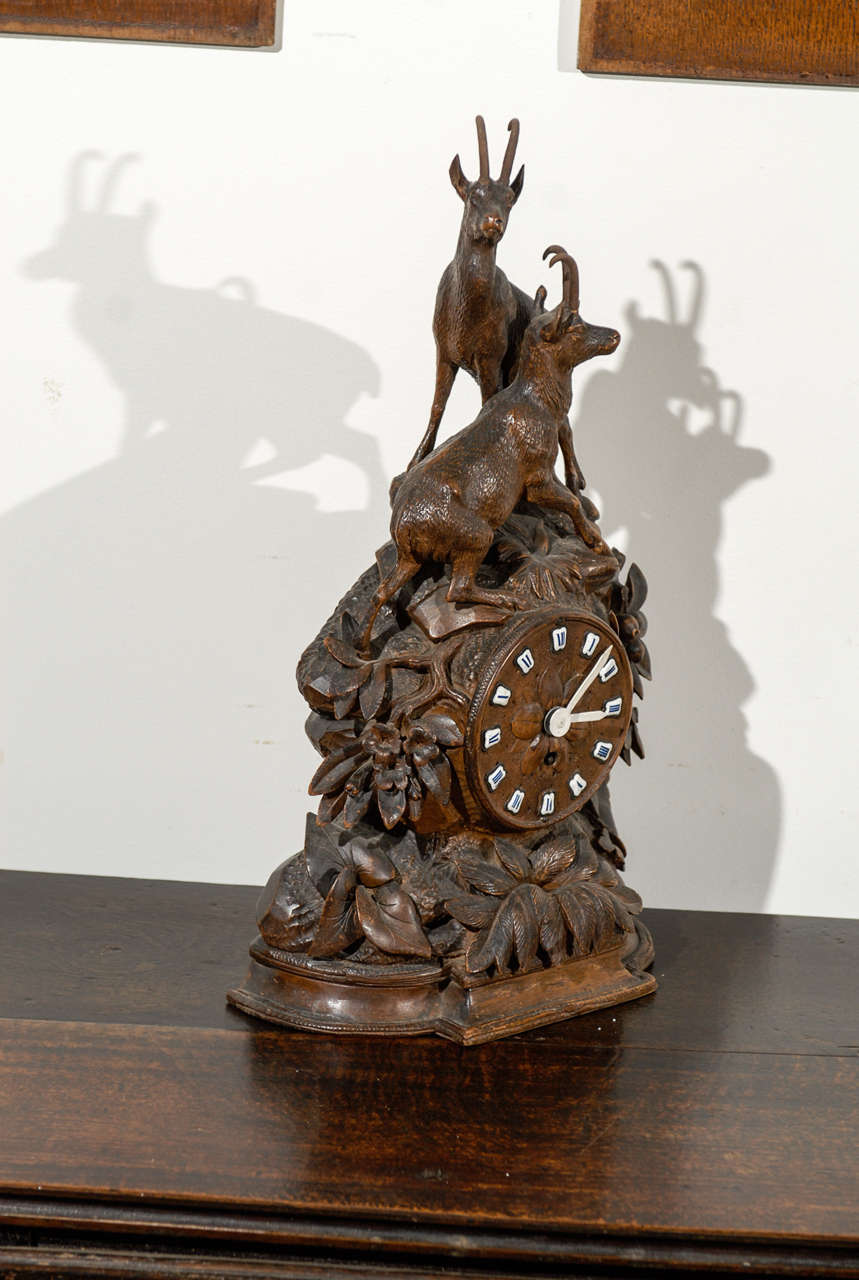 German Black Forest Carved Wooden Table Clock with Chamois Figures ...