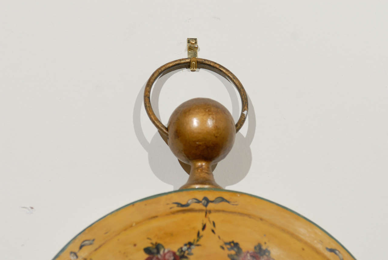 French Pocket-Watch Shaped Wall Hanging Tôle Clock with Floral Décor ...