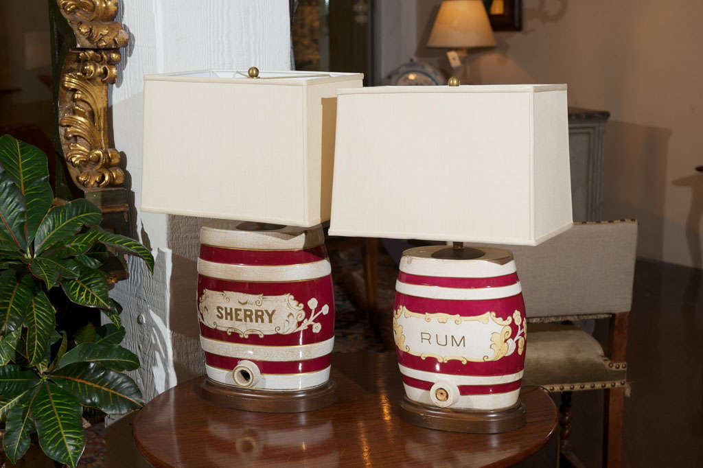 Near Pair of Ceramic Spirit Barrels, mounted as lamps at 1stDibs