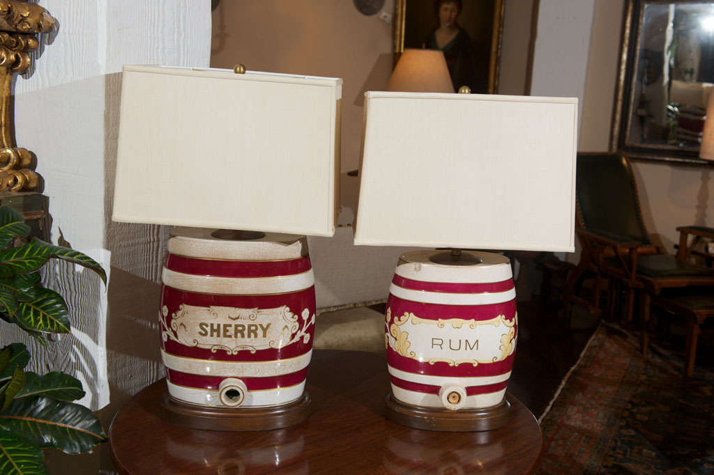 Near Pair of Ceramic Spirit Barrels, mounted as lamps at 1stDibs