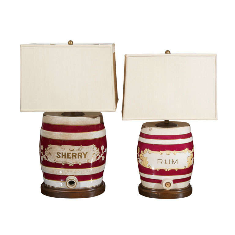 Near Pair of Ceramic Spirit Barrels, mounted as lamps at 1stDibs