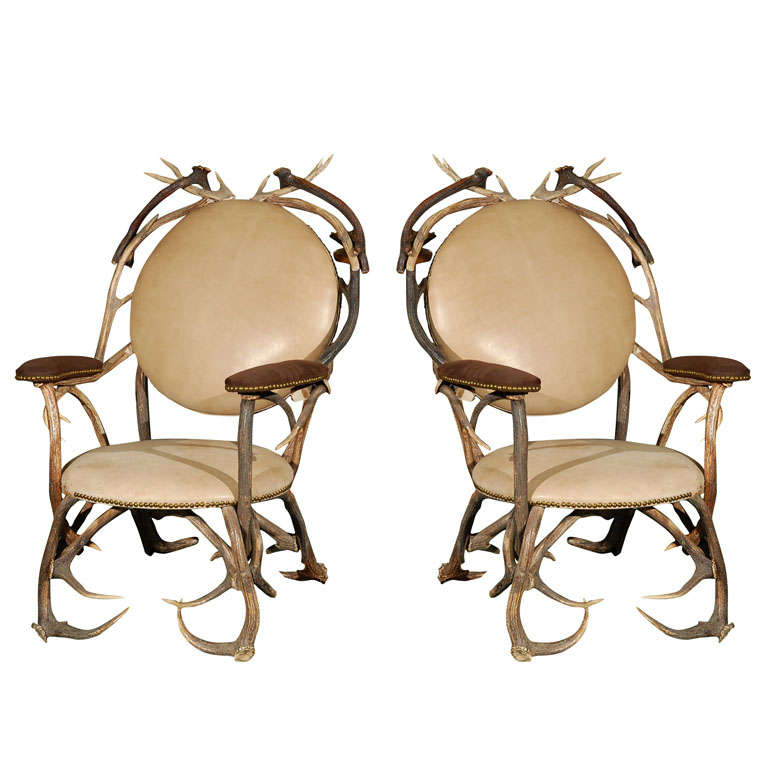 Vintage Pair of Horn Chairs with Leather and Suede at 1stDibs