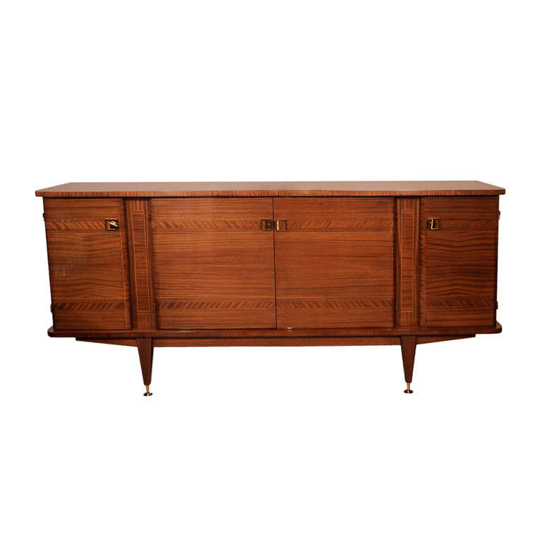 French 1940's Ribbon Mahogany Sideboard with Gilt Bronze Accents at 1stDibs