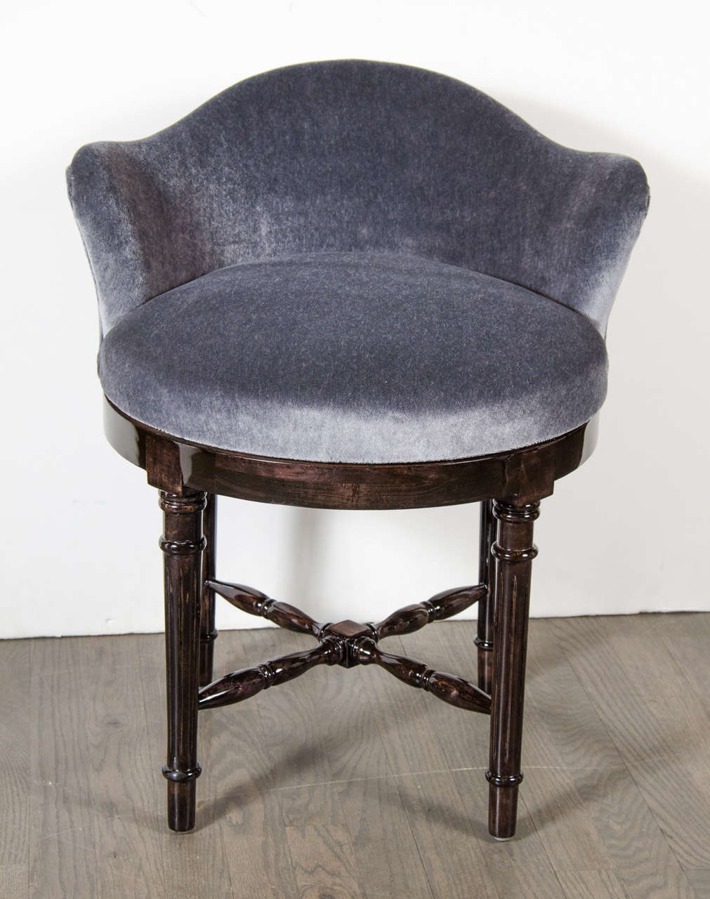 Scroll Back Swivel Stool Upholstered in Blue-Grey Mohair at 1stDibs