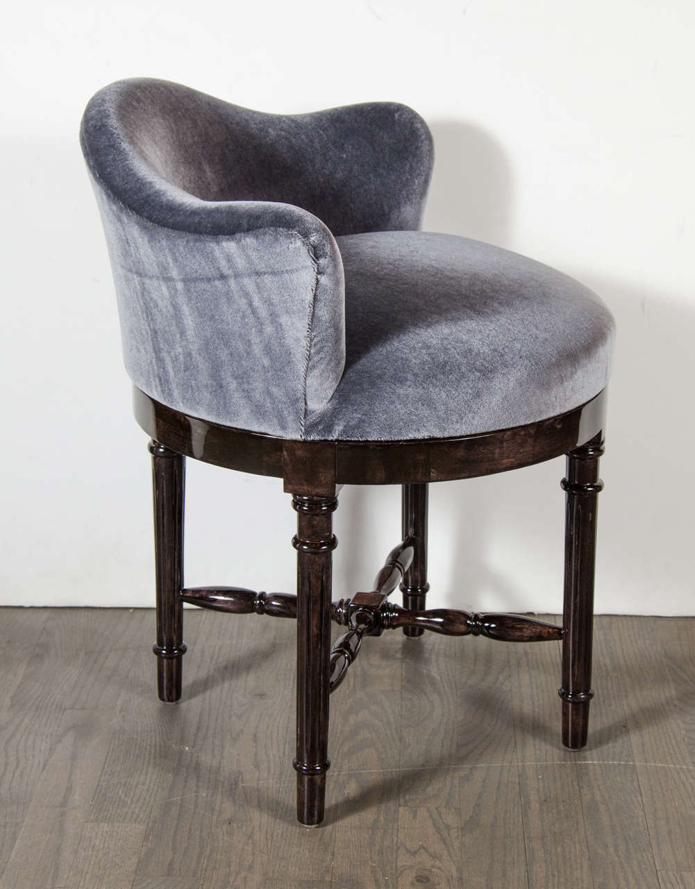 Scroll Back Swivel Stool Upholstered in Blue-Grey Mohair at 1stDibs