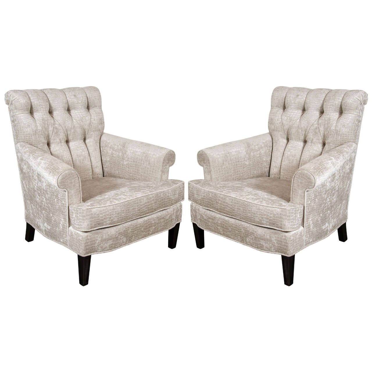 Pair of Mid-Century Tufted Back Scroll-Arm Club Chairs in Crocodile ...
