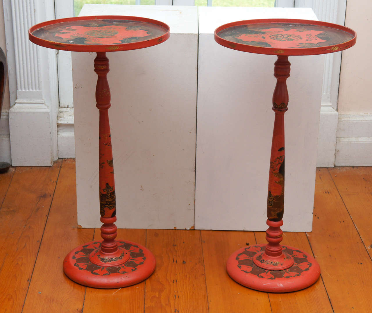 Pair of Red Lacquer Art Deco Chinoiserie Round Stands at 1stDibs