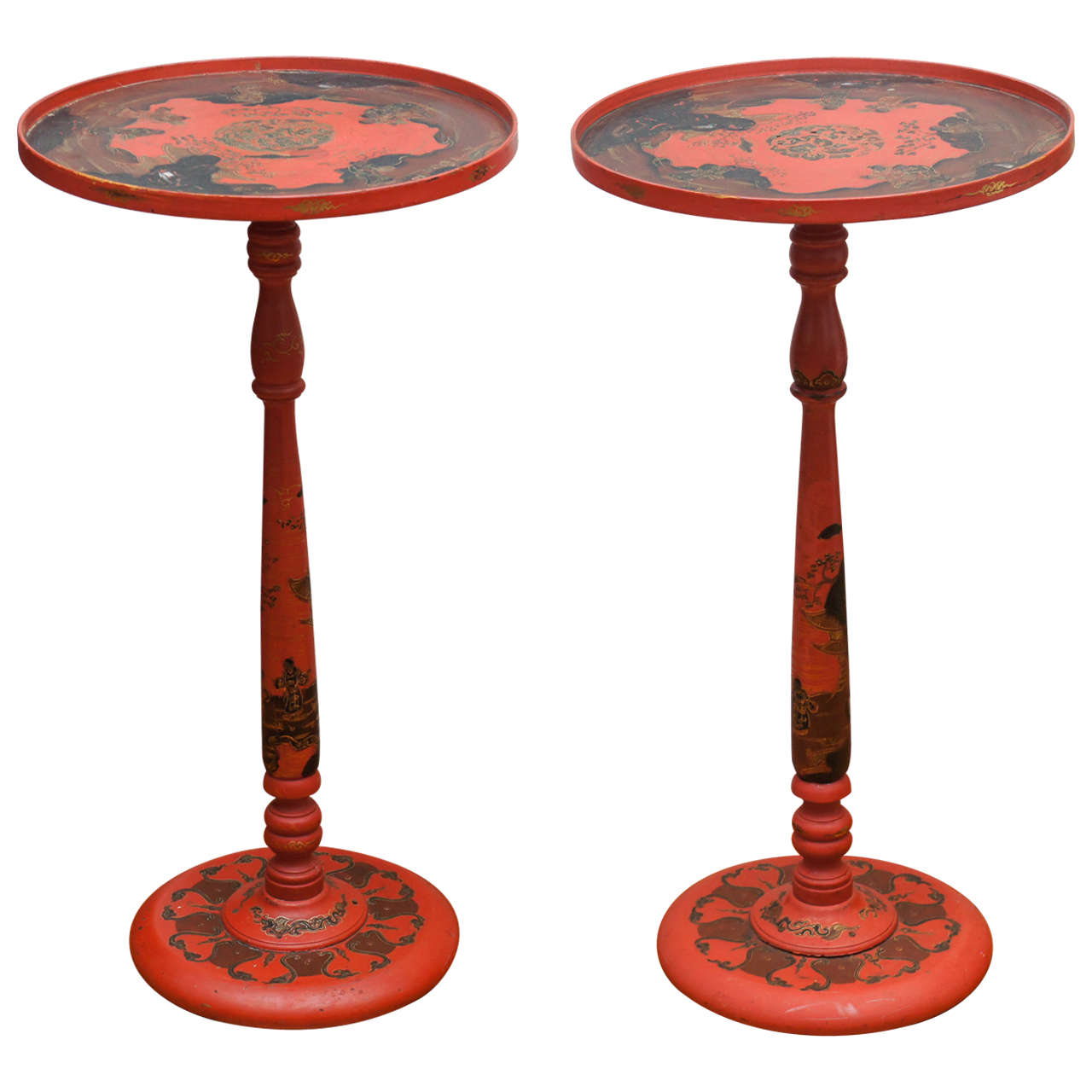 Pair of Red Lacquer Art Deco Chinoiserie Round Stands at 1stDibs
