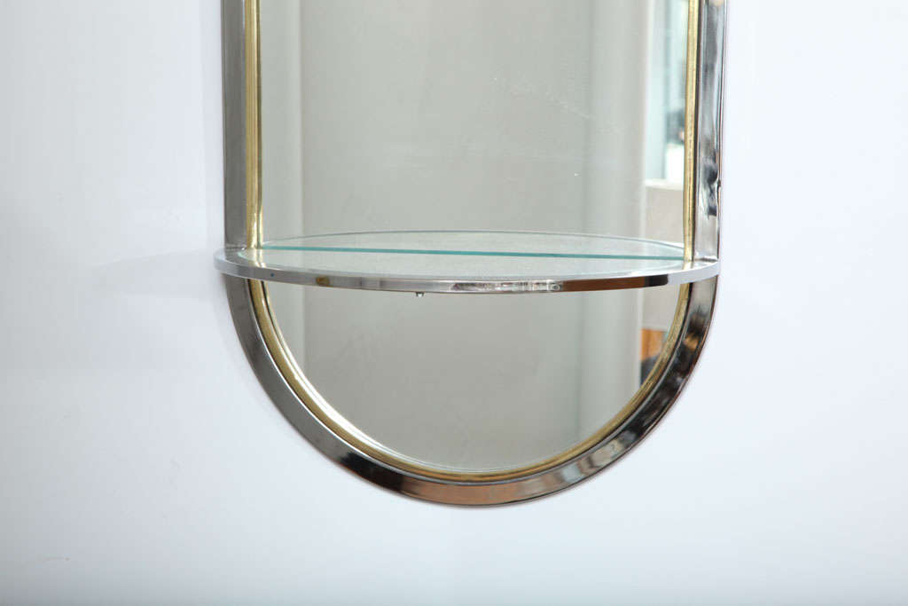 Designer Elongated Oval Chrome and Brass Mirror with Glass Shelf at ...