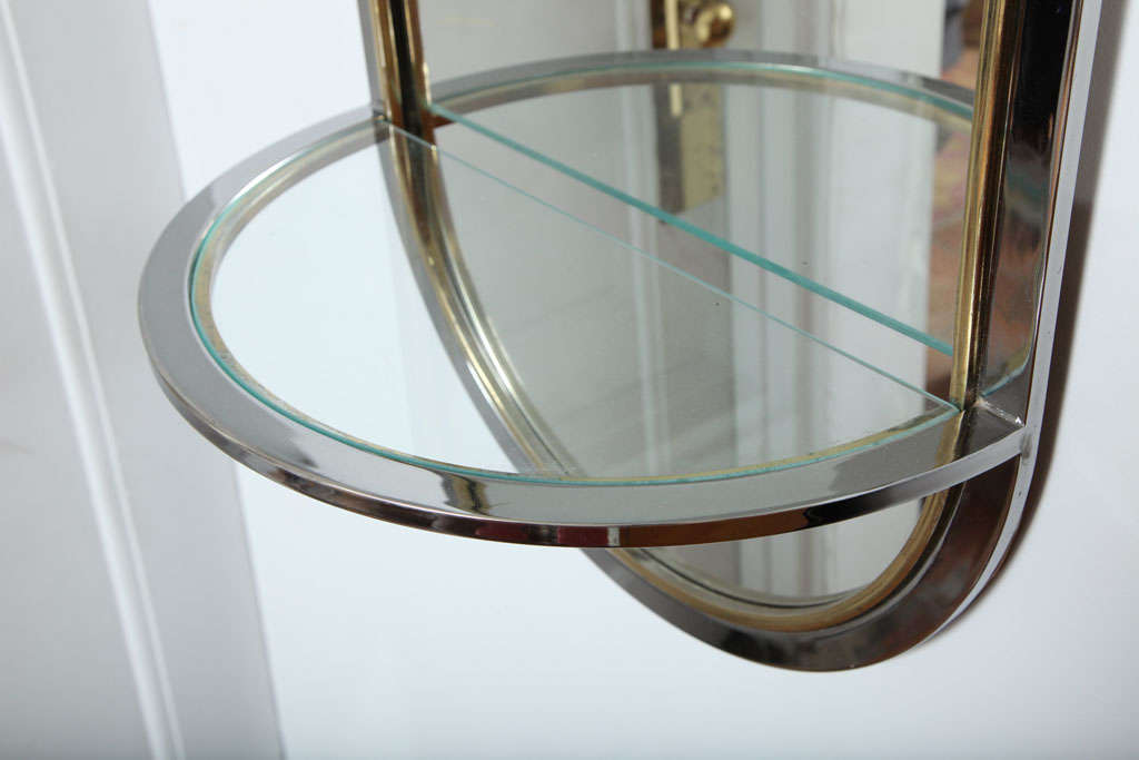 Designer Elongated Oval Chrome and Brass Mirror with Glass Shelf at ...