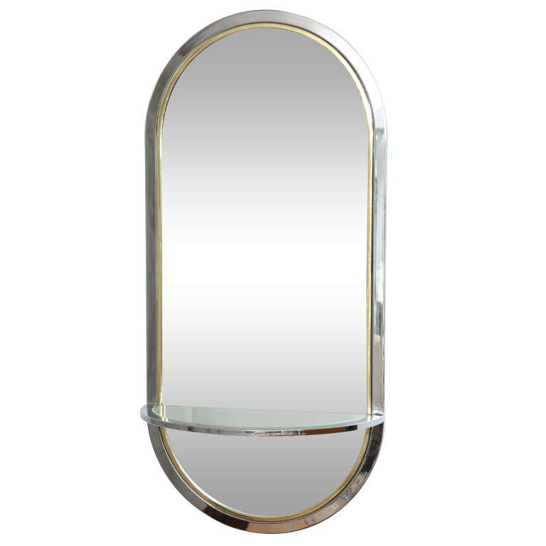 Designer Elongated Oval Chrome and Brass Mirror with Glass Shelf at ...