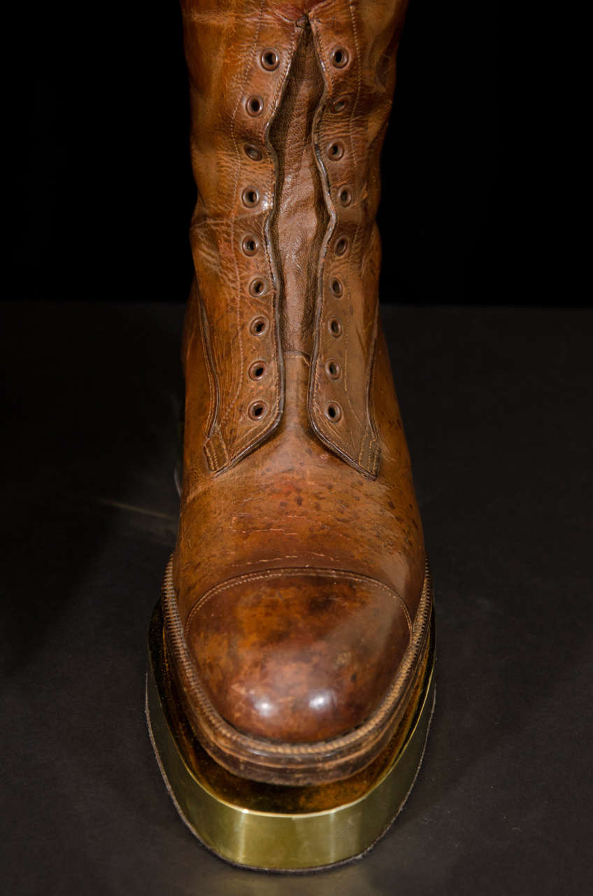 Leather, Wood and Brass One Light "Riding Boots" Lamps at 1stDibs