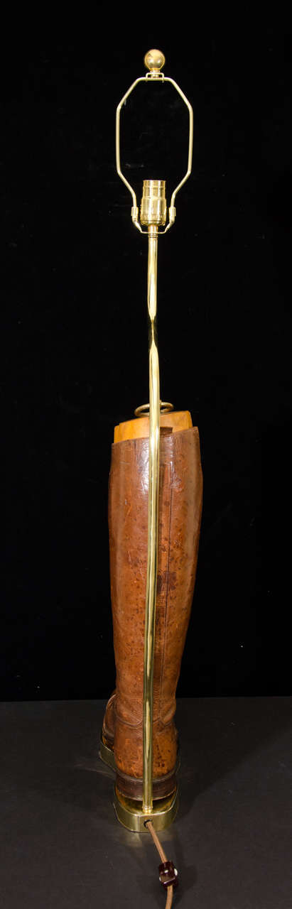 Leather, Wood and Brass One Light "Riding Boots" Lamps at 1stDibs