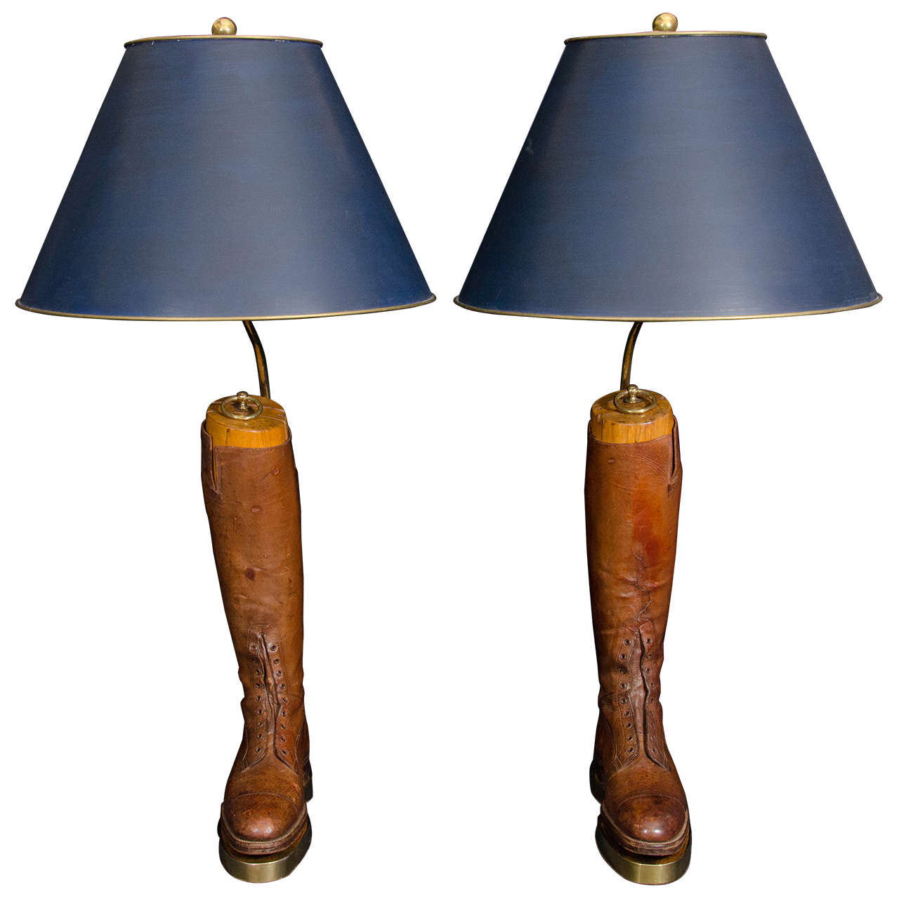 Leather, Wood and Brass One Light "Riding Boots" Lamps at 1stDibs