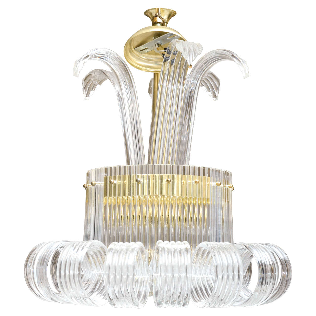 Unusual Vintage Lucite Chandelier with Brass Trim For Sale at 1stDibs