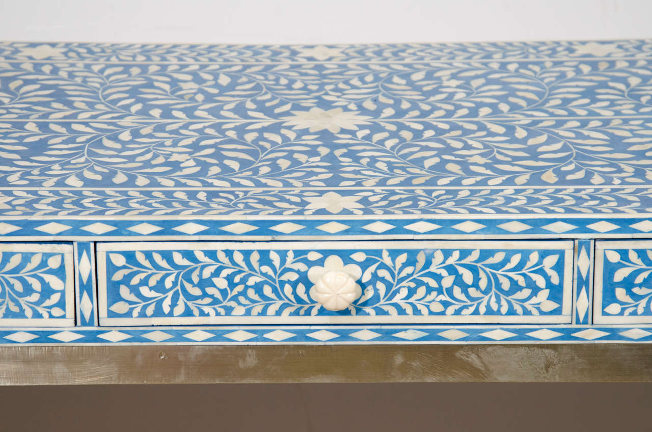 Indian Bone Inlay Blue and White Writing Desk With White Metal Base at ...