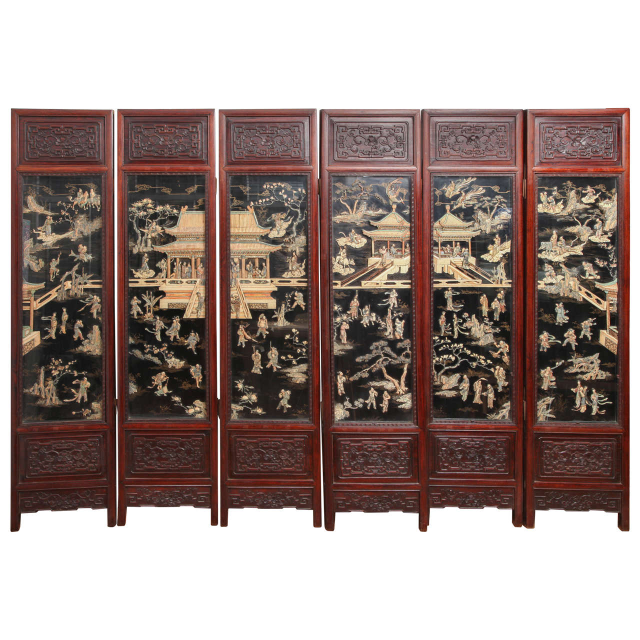 Antique Chinese Carved Rosewood with Polychrome and Lacquer Six-Panel ...
