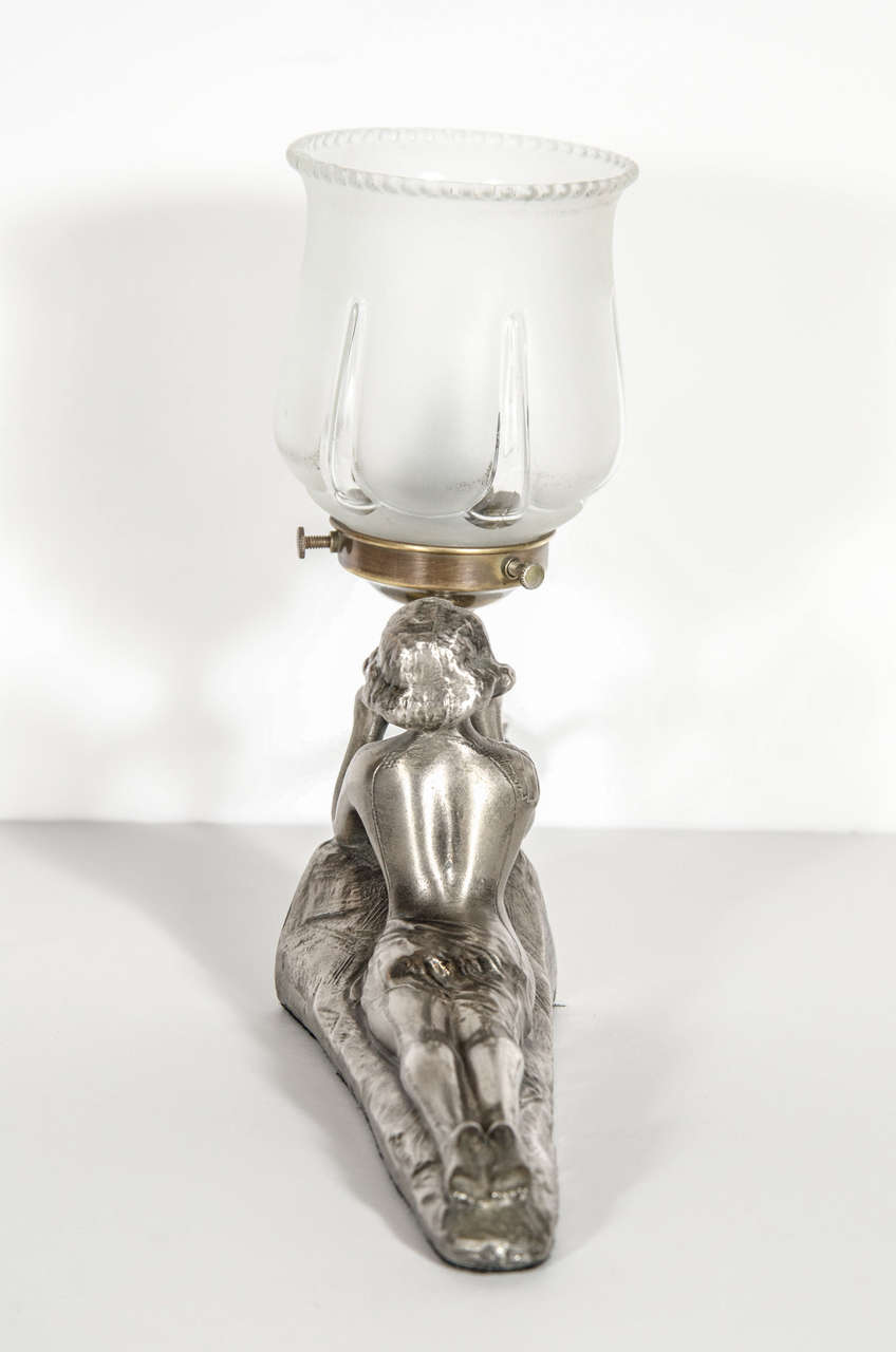 Exquisite Art Deco Silvered Uplight in the Form of a Laying Lady at 1stDibs