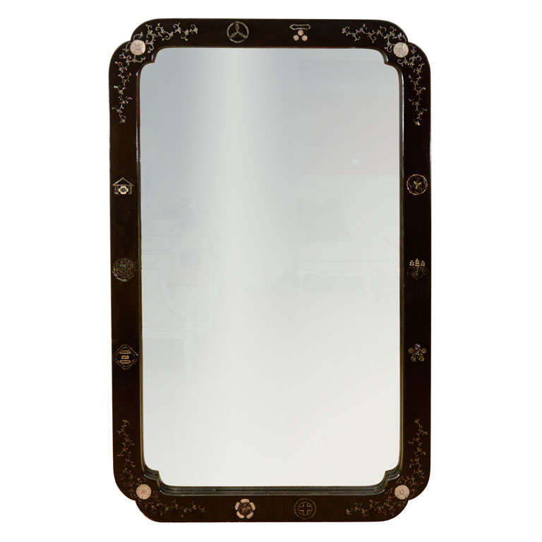 Japanese Art Deco Lacquered Mirror with Inlaid Mon at 1stDibs