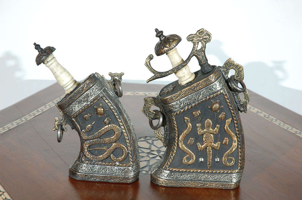 Set of Moroccan Antique Silver and Brass Gun Powder Case Flask at ...