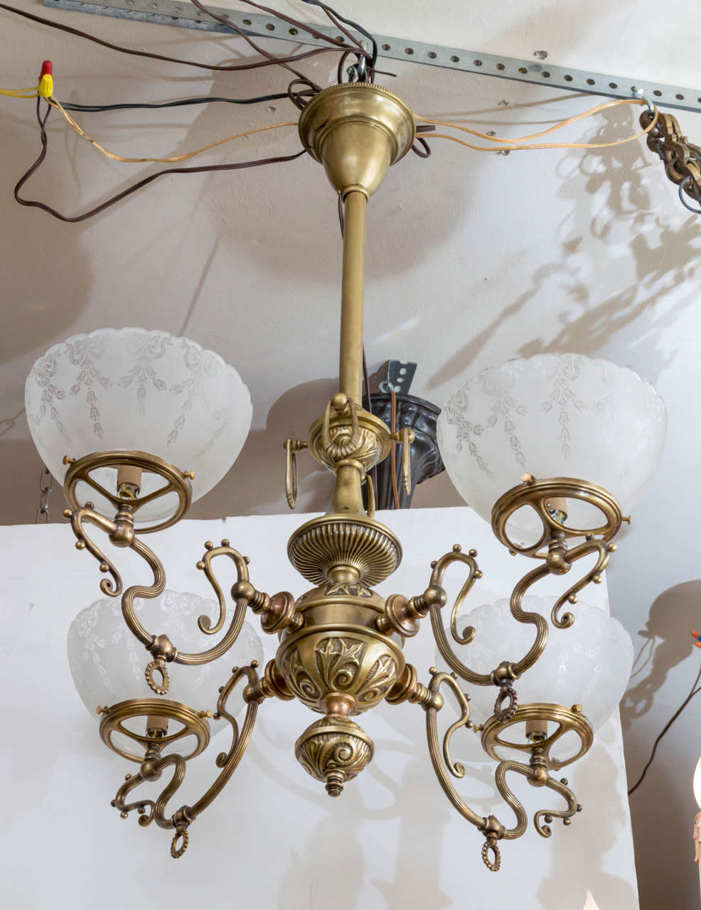 Late Victorian Four-Arm Gas Chandelier with Deep Etched Glass Shades at ...
