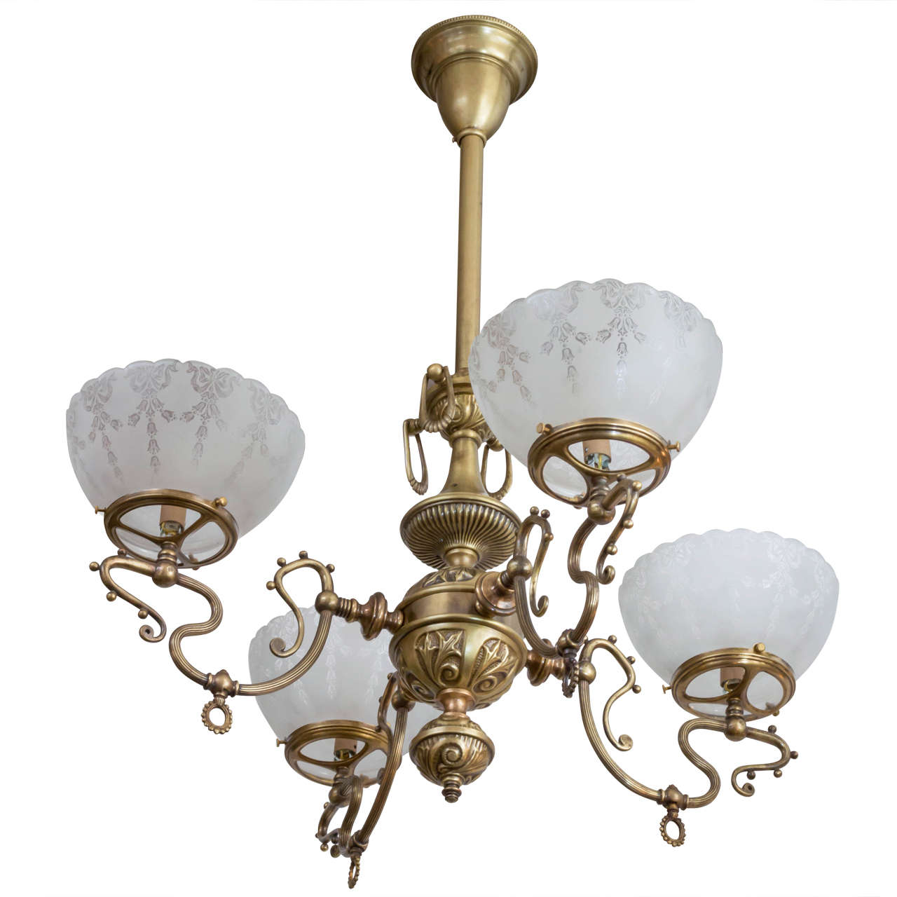 Late Victorian Four-Arm Gas Chandelier with Deep Etched Glass Shades at ...