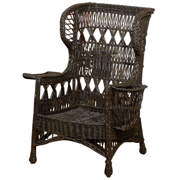 American Wingback Wicker Chair with Magazine Pocket at 1stDibs