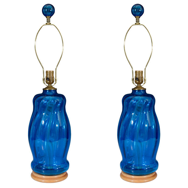 Pair of Mid Century Electric Blue Glass Lamps by Blenko at 1stDibs
