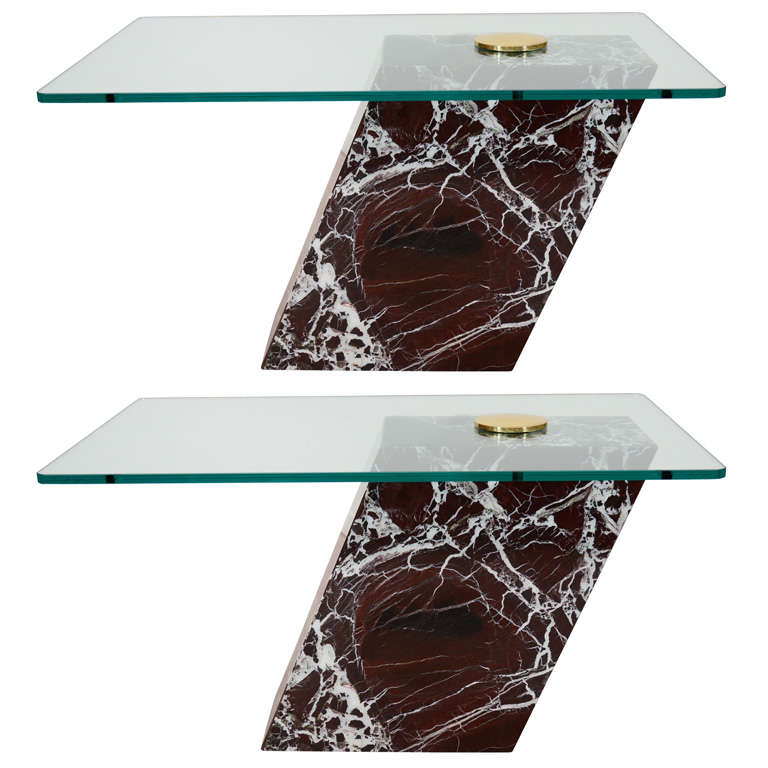 Pair of Mid Century Cantilevered Marble Base Glass Tables at 1stDibs
