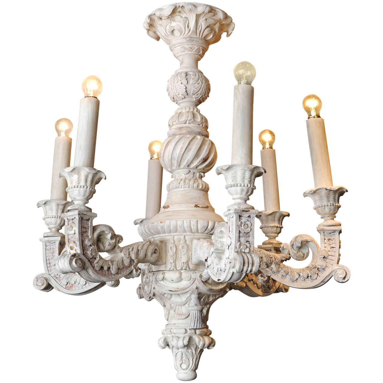 Large French Baroque Carved and Off-White Painted Wooden Chandelier at ...