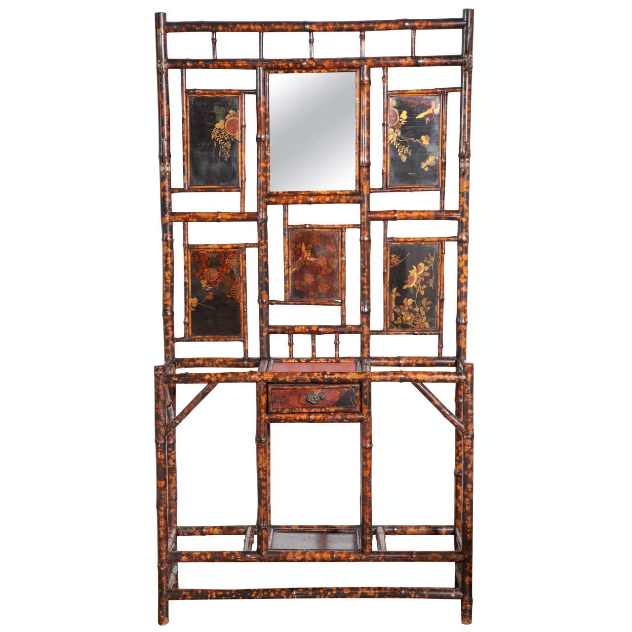 A Bamboo Hall Tree with Chinoiserie Panels and Inset Leather Top and ...