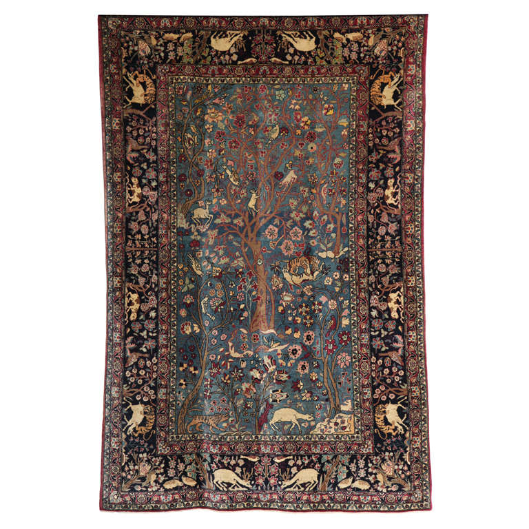 Antique 1880s Persian Tehran Tree of Life Rug with Hunting Scene, 4x6 ...