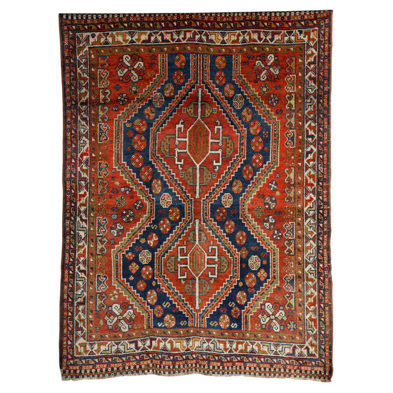 Colorful Tri-Medallion Antique Persian Qashqai Rug with Detailed Tribal ...