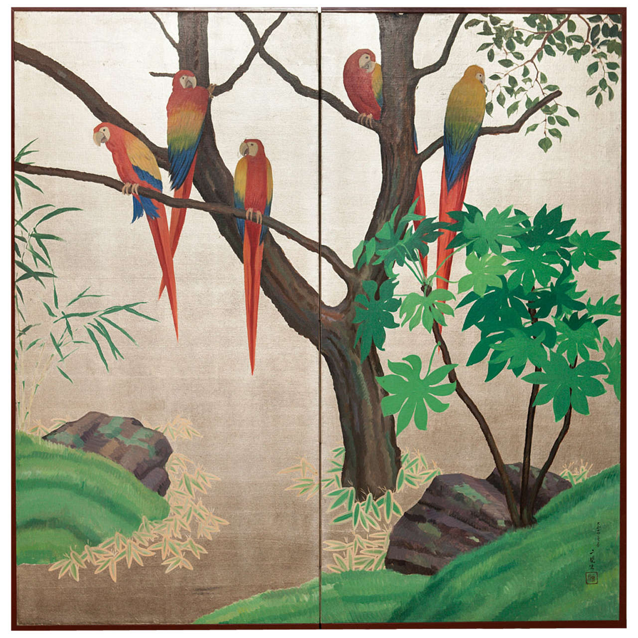 Japanese Screen "Macaws in a Tropical Setting" at 1stDibs