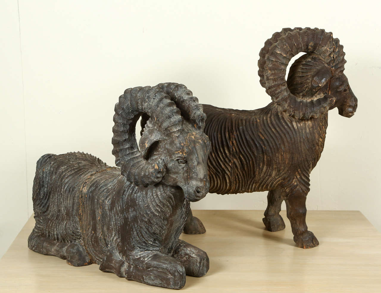 Wonderful Pair of Rustic Carved Wooden Rams at 1stDibs